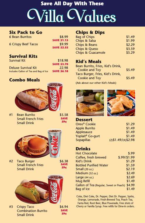 Taco Villa menu in Amarillo, Texas, USA
