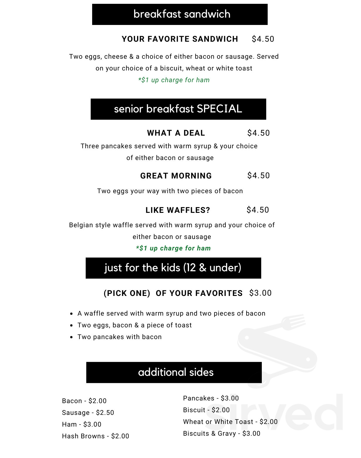 Times Square Grand Slam menu in Tyler, Texas, USA