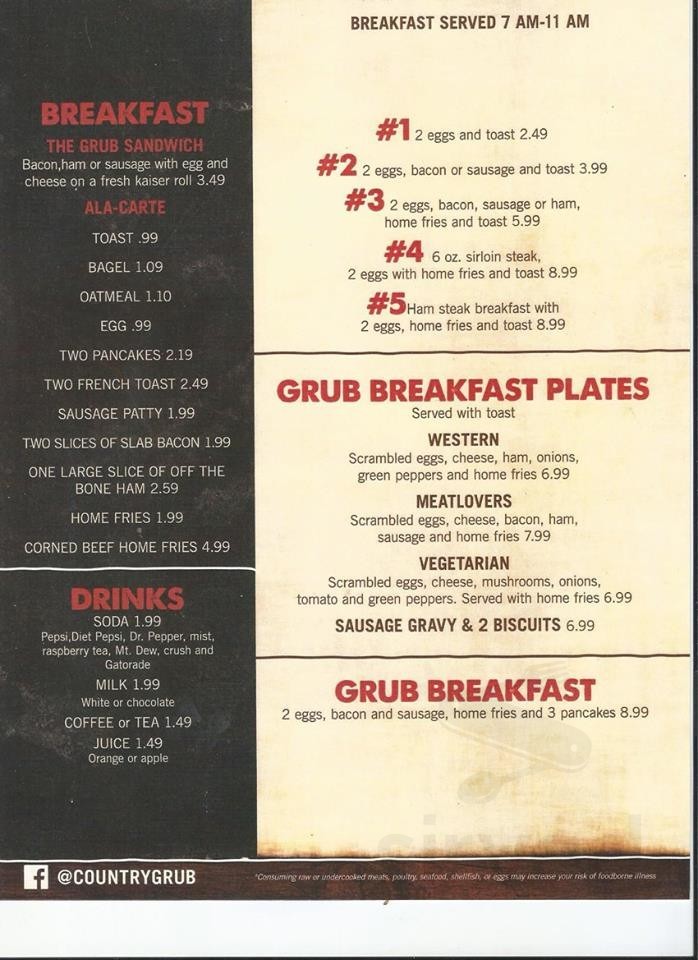 Menu for Country Grub in Franklin, PA | Sirved
