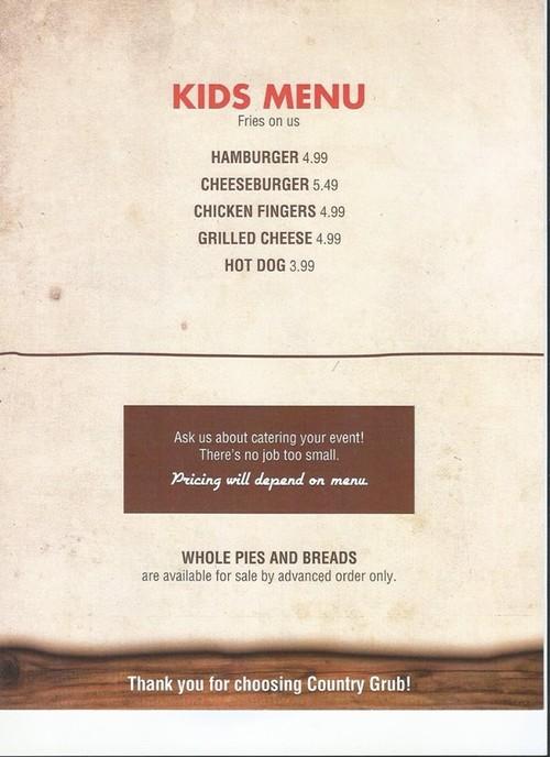 Country Grub menu in Franklin, Pennsylvania, USA