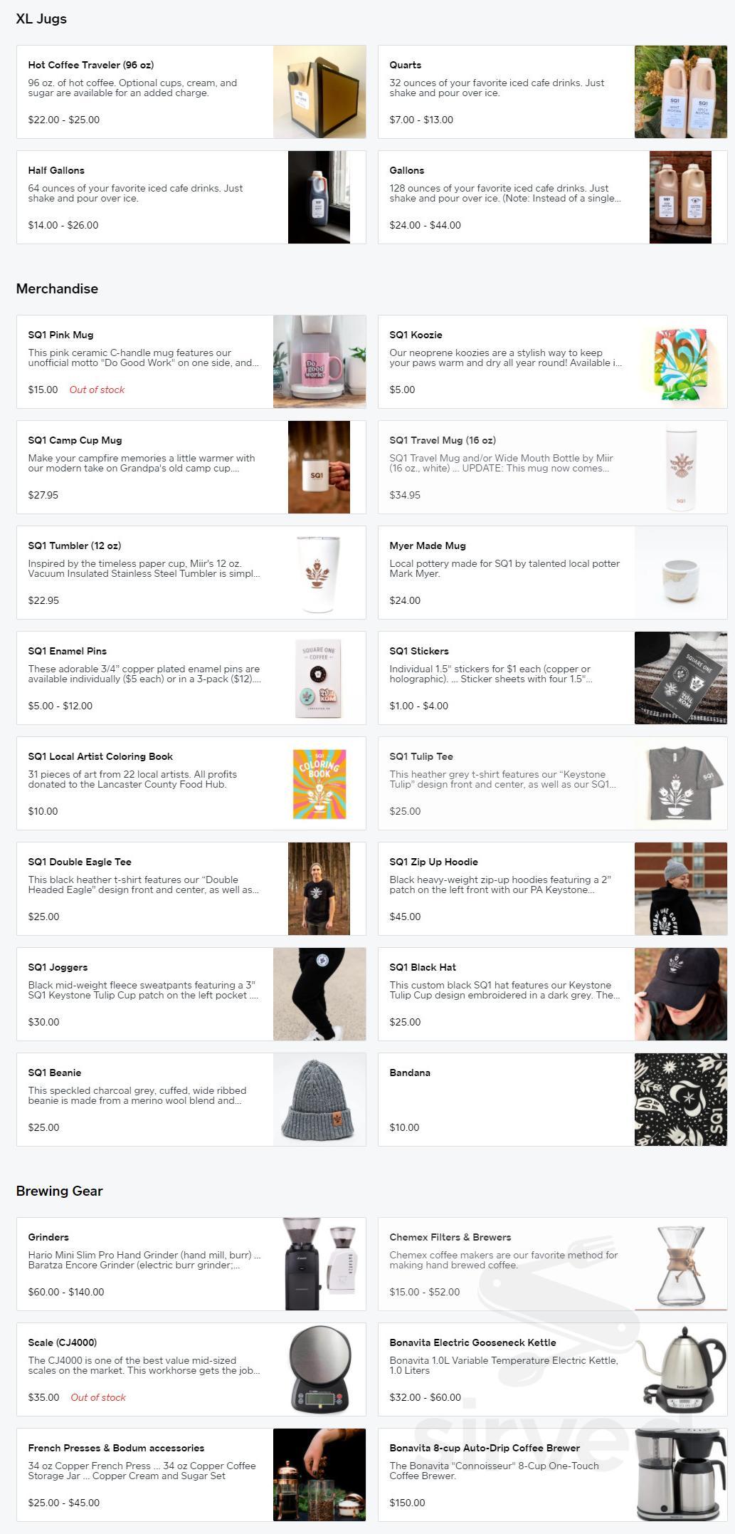 Square One Coffee Roasters menu in Lancaster, Pennsylvania, USA