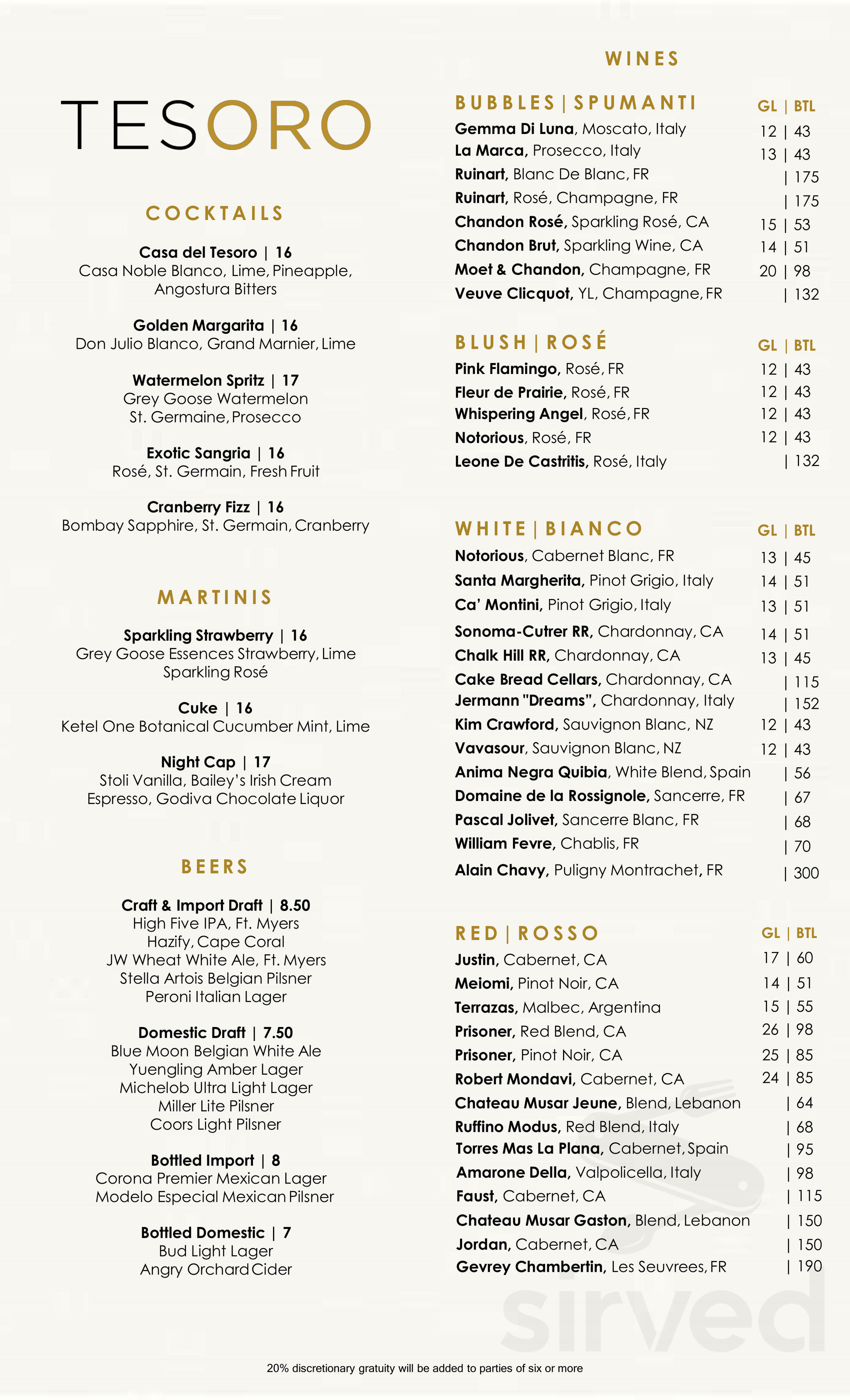 Menu for Tesoro in Marco Island, Florida, United States