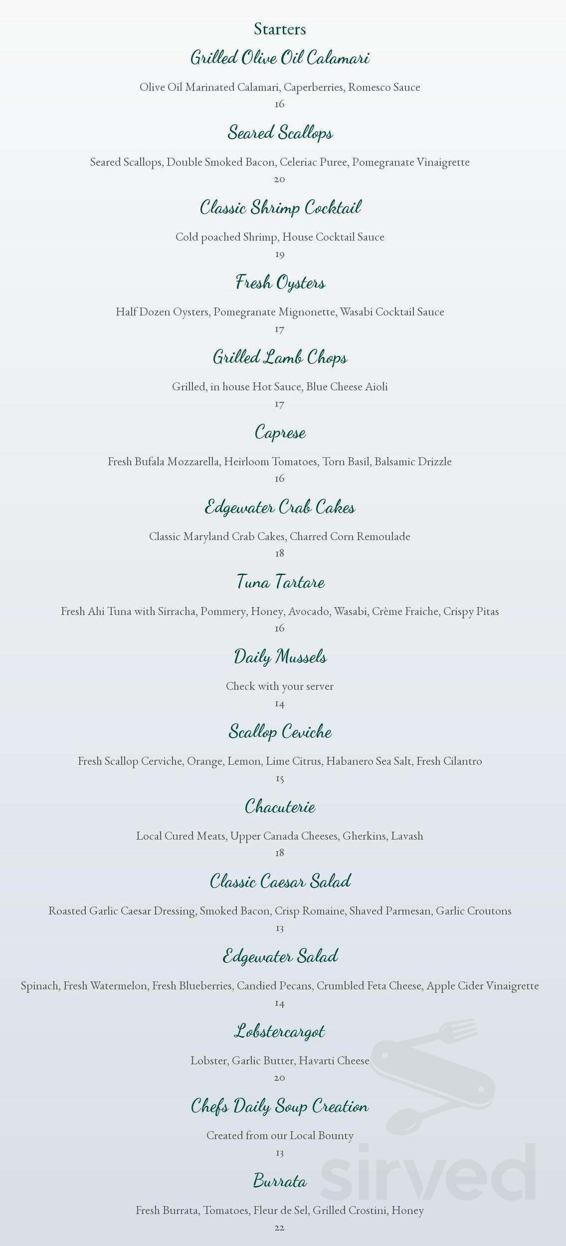 Edgewater Manor Restaurant menus in Stoney Creek, Ontario, Canada