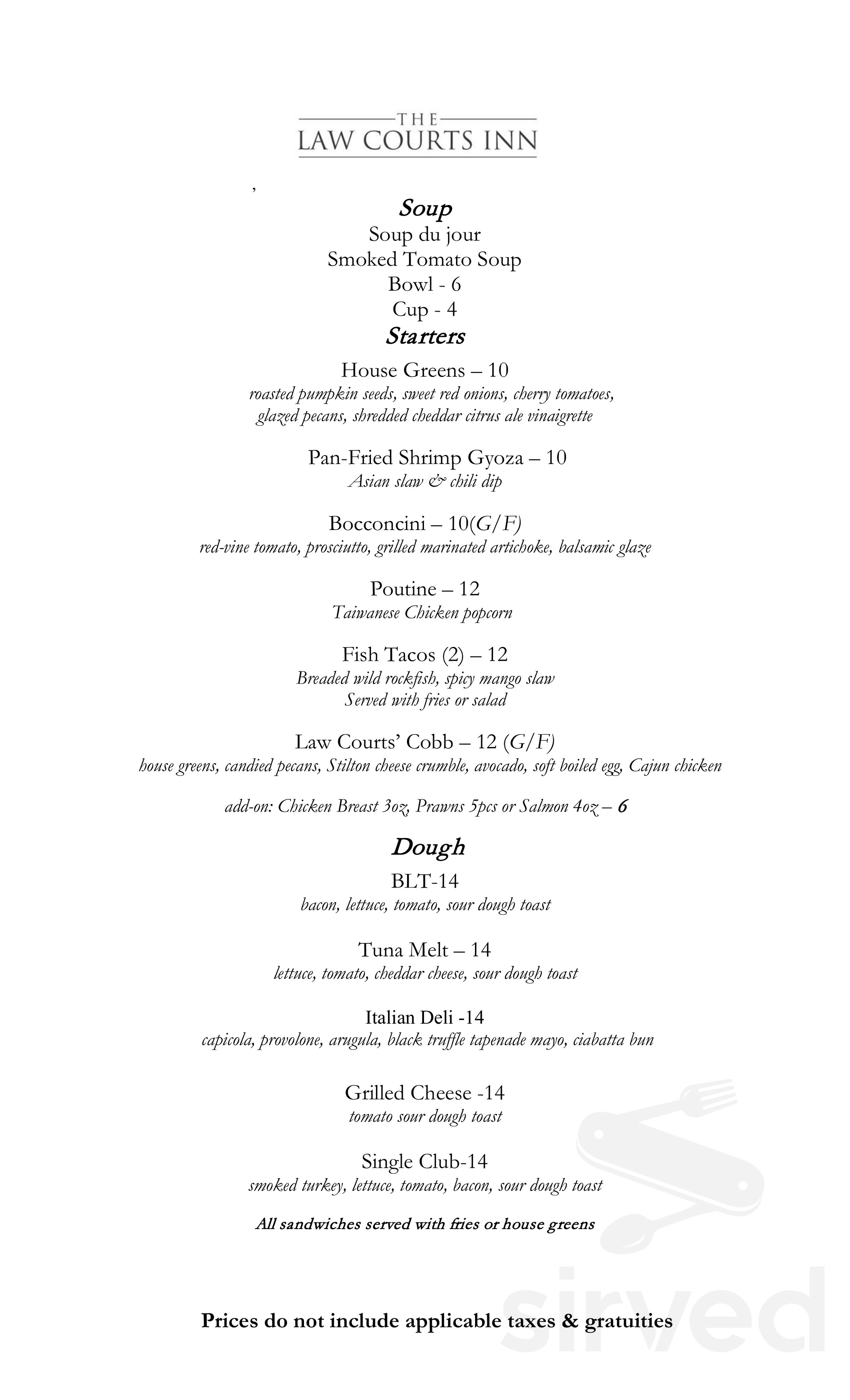 Law Courts Inn Restaurant menus in Vancouver, British Columbia, Canada