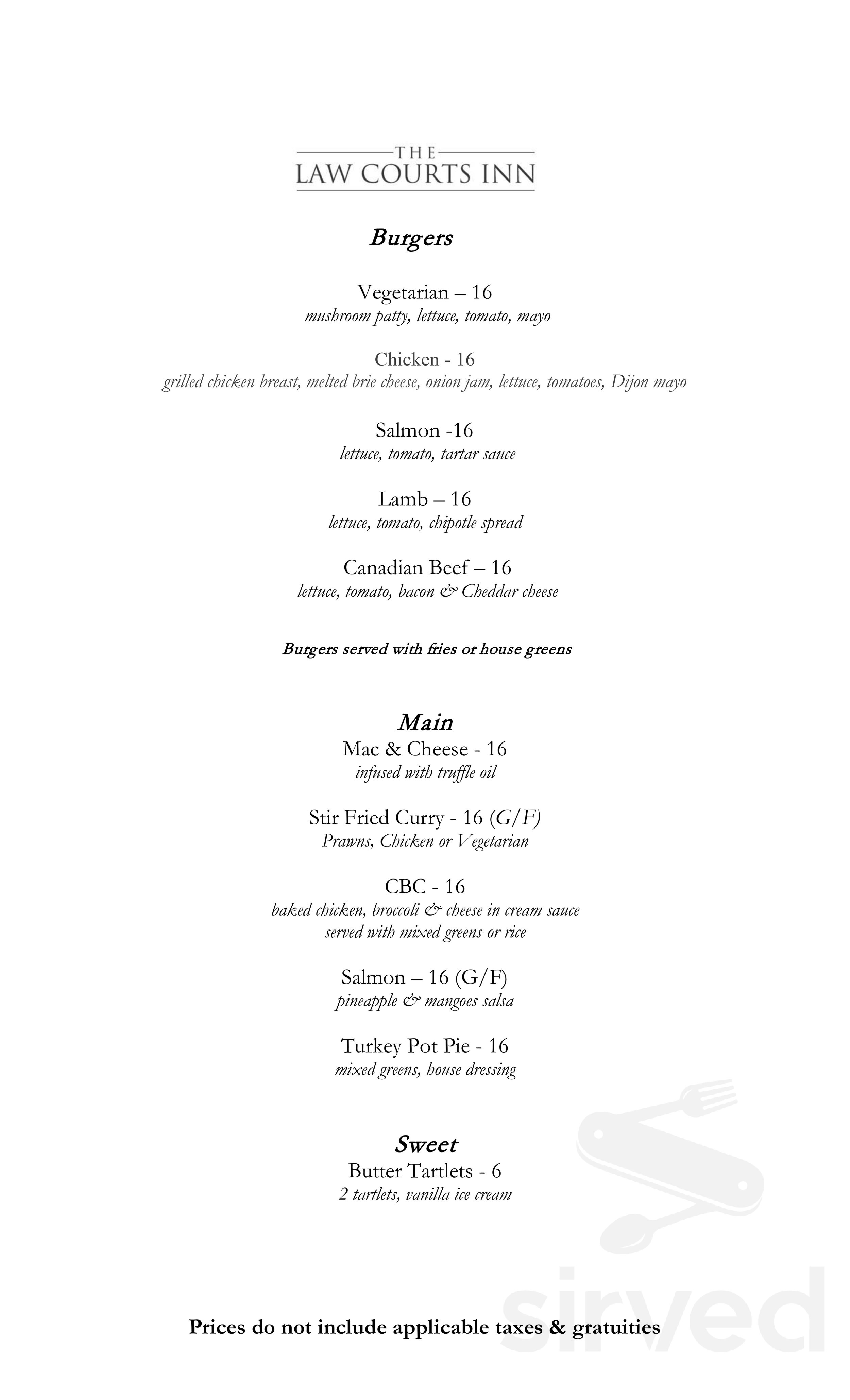 Law Courts Inn Restaurant menus in Vancouver, British Columbia, Canada