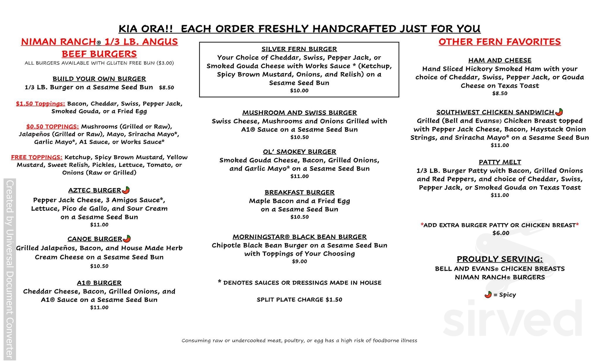 The Silver Fern menu in Sheboygan, Wisconsin, USA