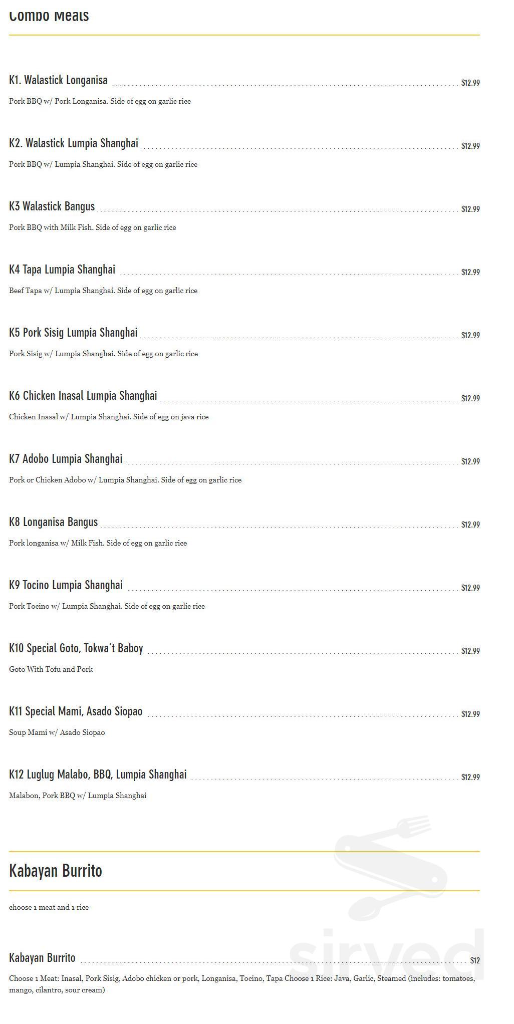 Kabayan Kusina menu in Union City, California, USA