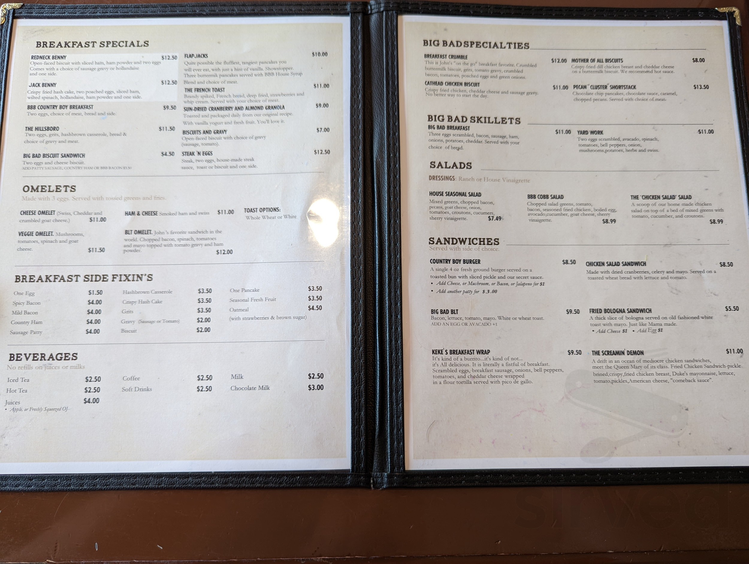 Big Bad Breakfast at the Country Boy menu in Franklin, Tennessee, USA