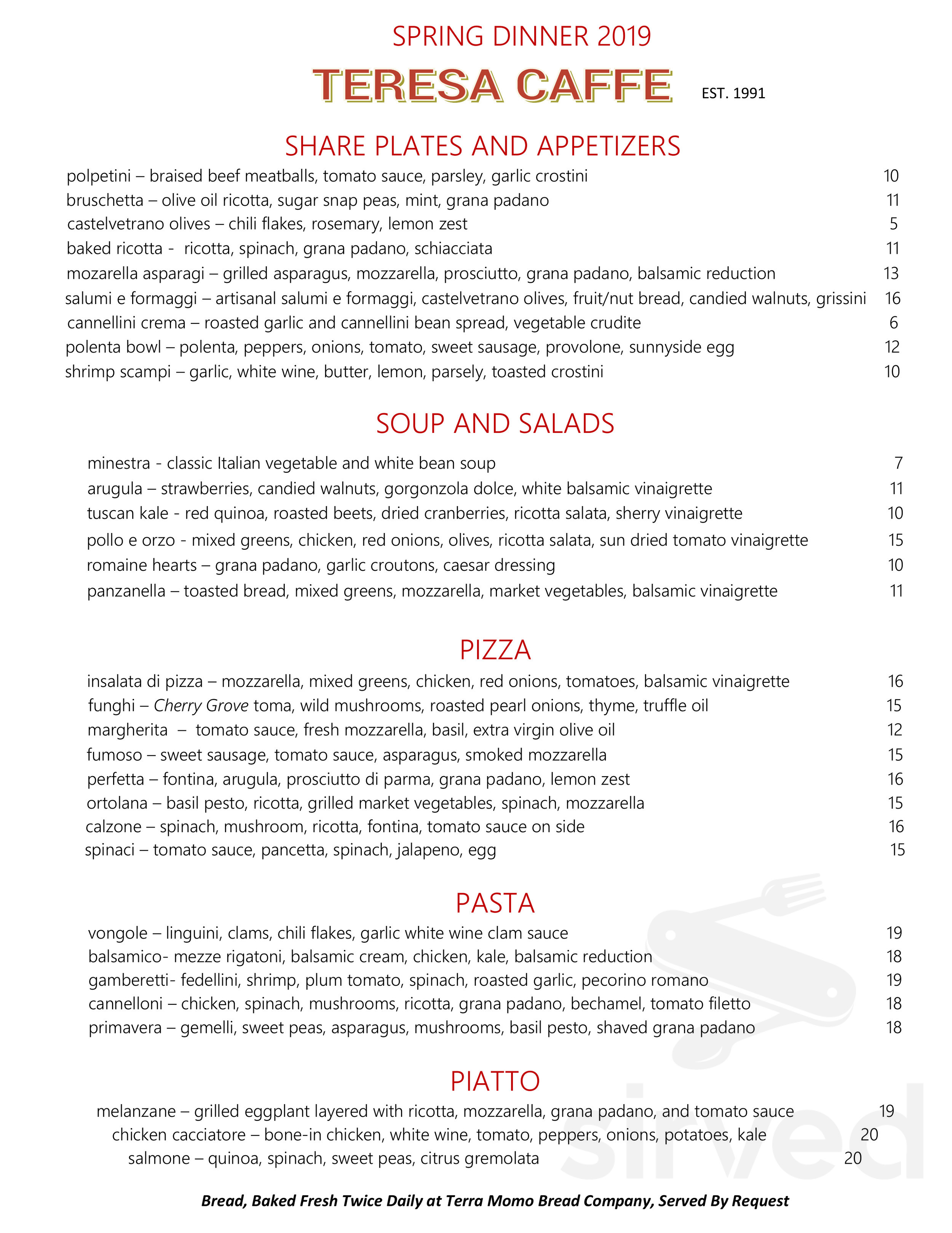 Teresa's Pizza | Wine Bar menu in Princeton, New Jersey, USA