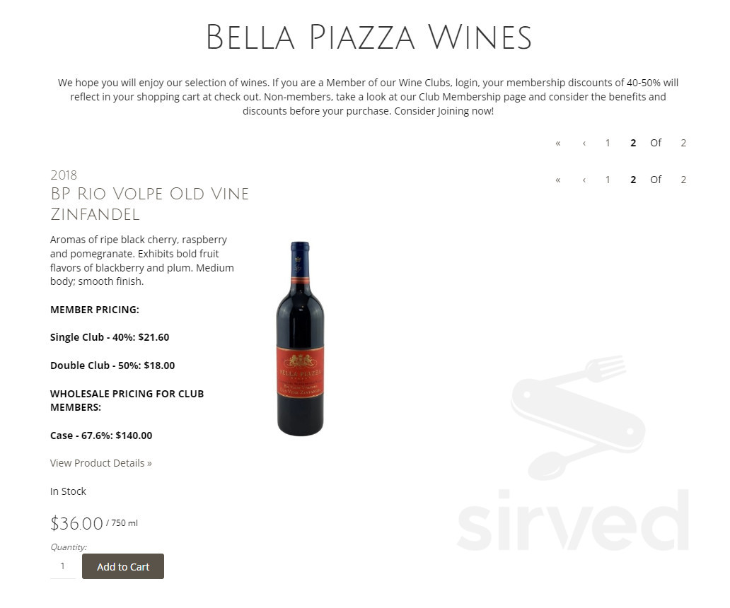 Bella Piazza Winery menu in Plymouth, California, USA