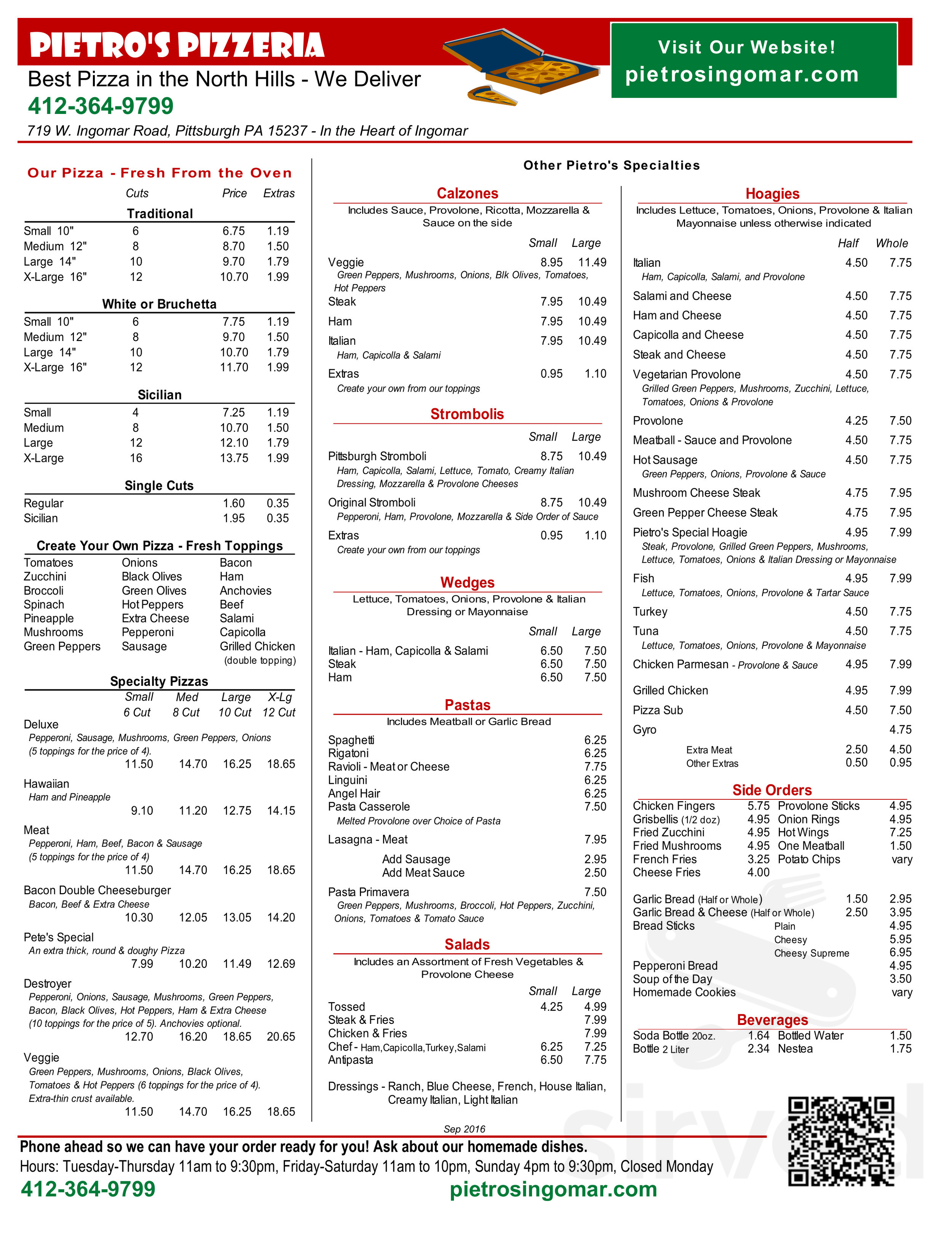 Menu - Pittsburgh PA's Pietro's Pizzeria | Sirved