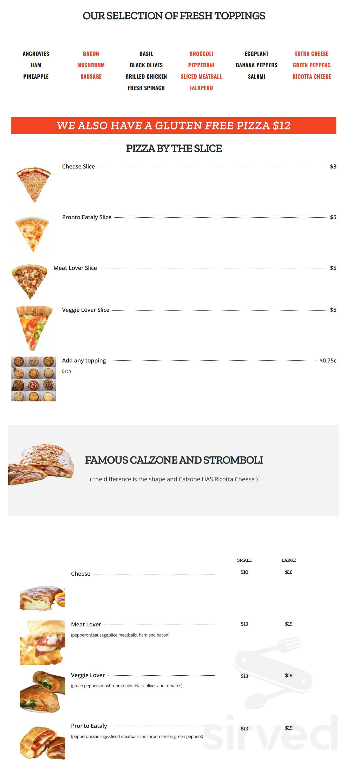 Pronto Eataly Pizza menus in Davenport, Florida, United States