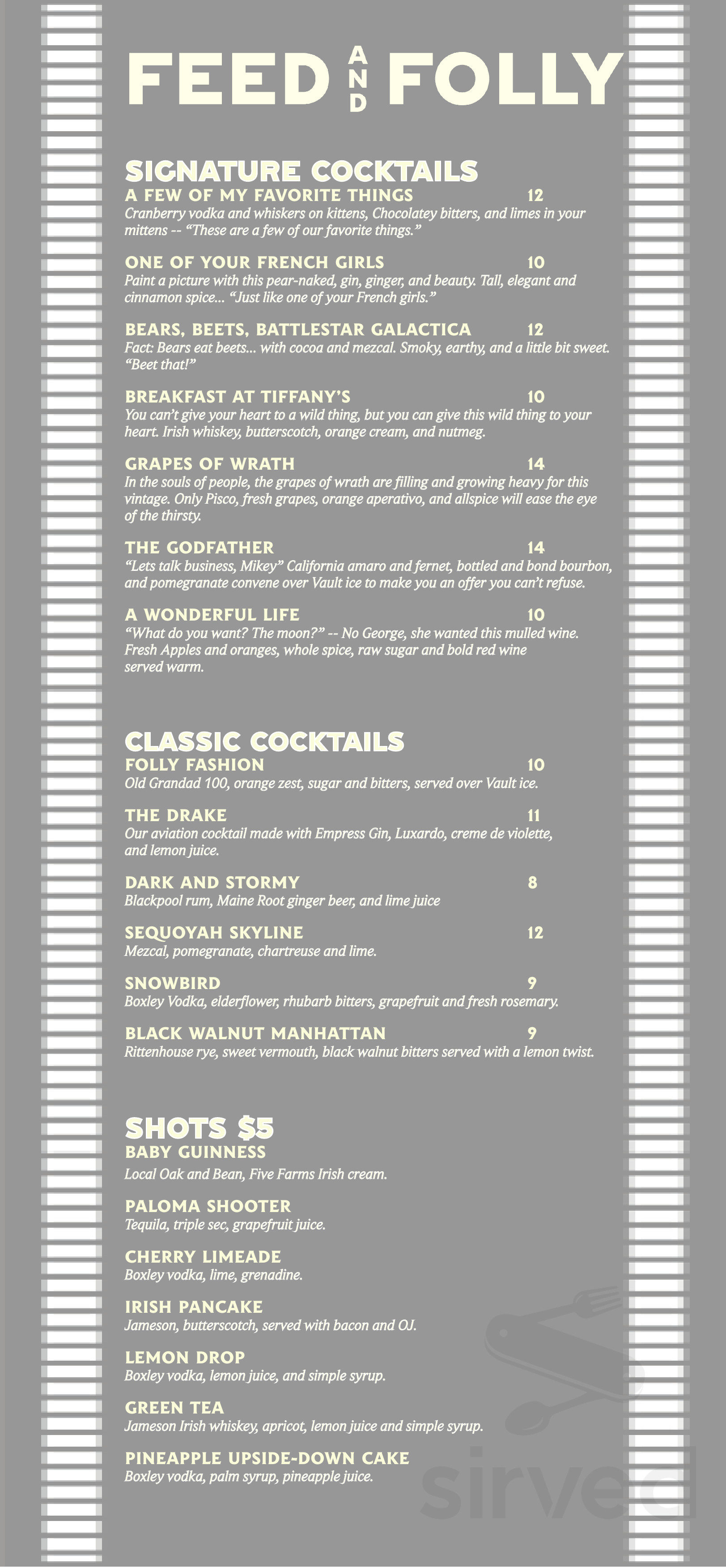 Feed and Folly menu in Fayetteville, Arkansas, USA