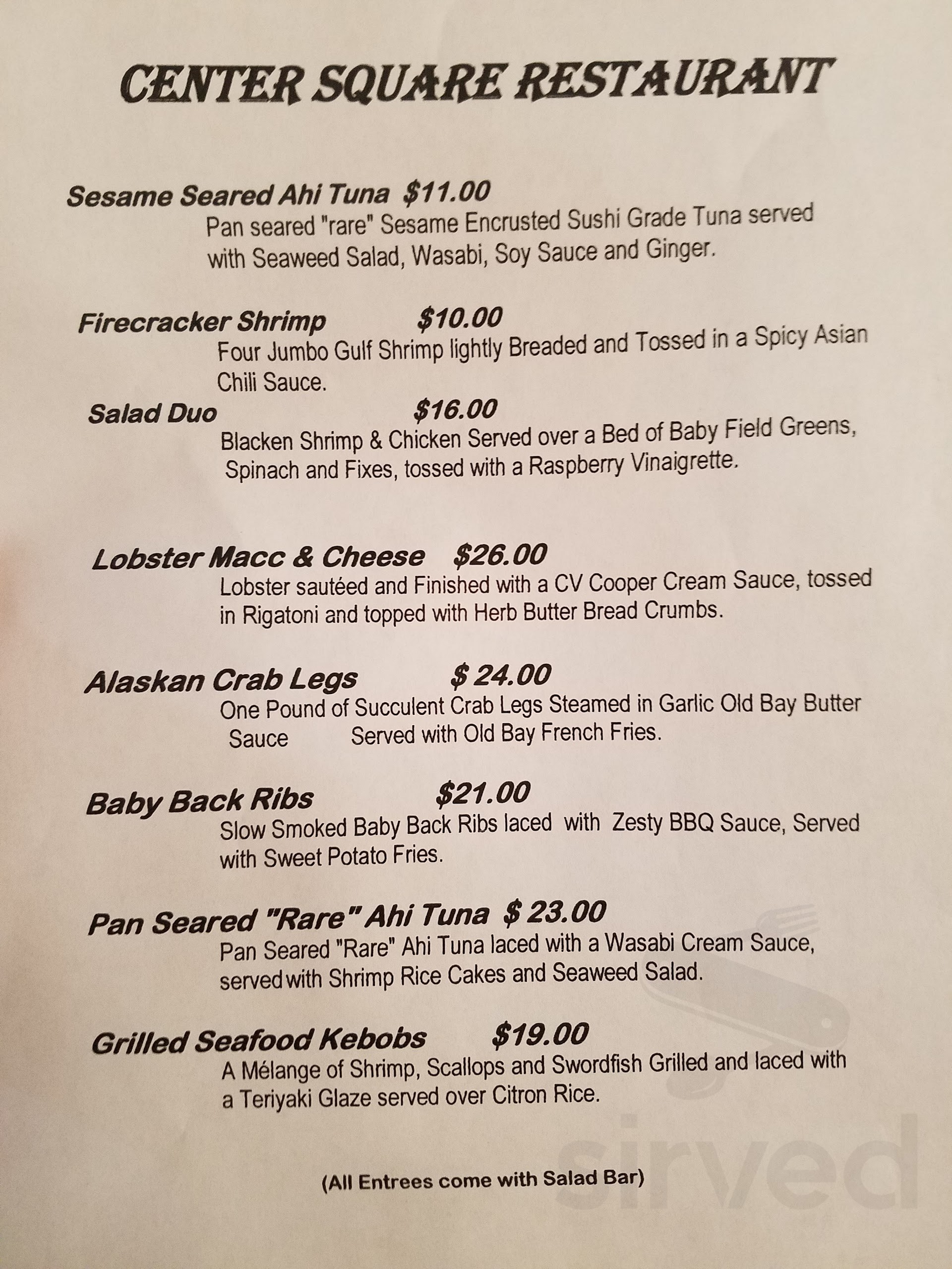 Center Square Restaurant and Bar menu in Swedesboro, New Jersey, USA