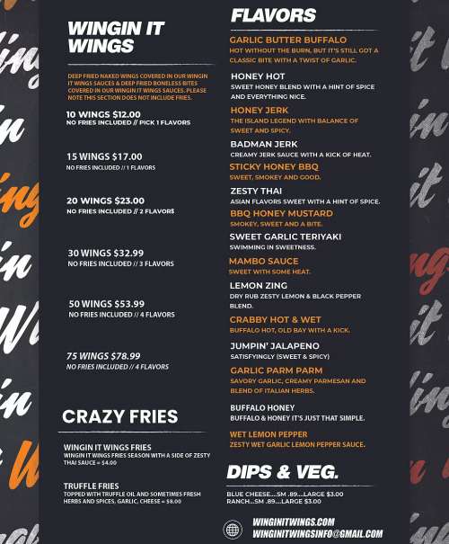 Wingin it Wings menu in Norristown, Pennsylvania, USA