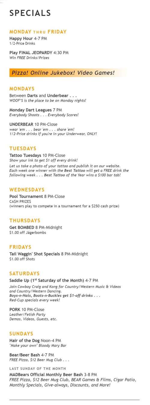 Woof's menu in Madison, Wisconsin, USA