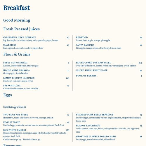 Finch & Fork menu in Santa Barbara, California, USA