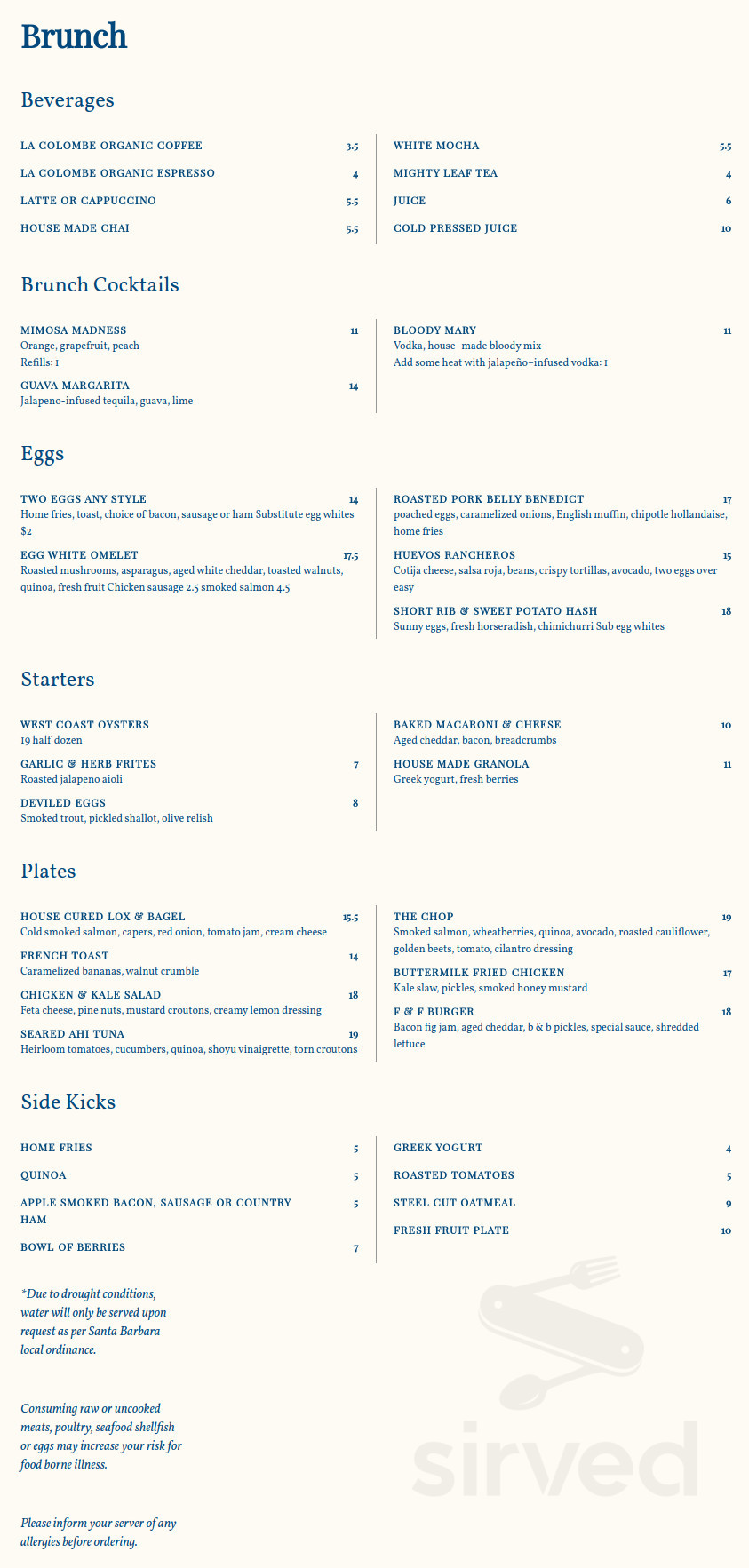 Finch & Fork menu in Santa Barbara, California, USA