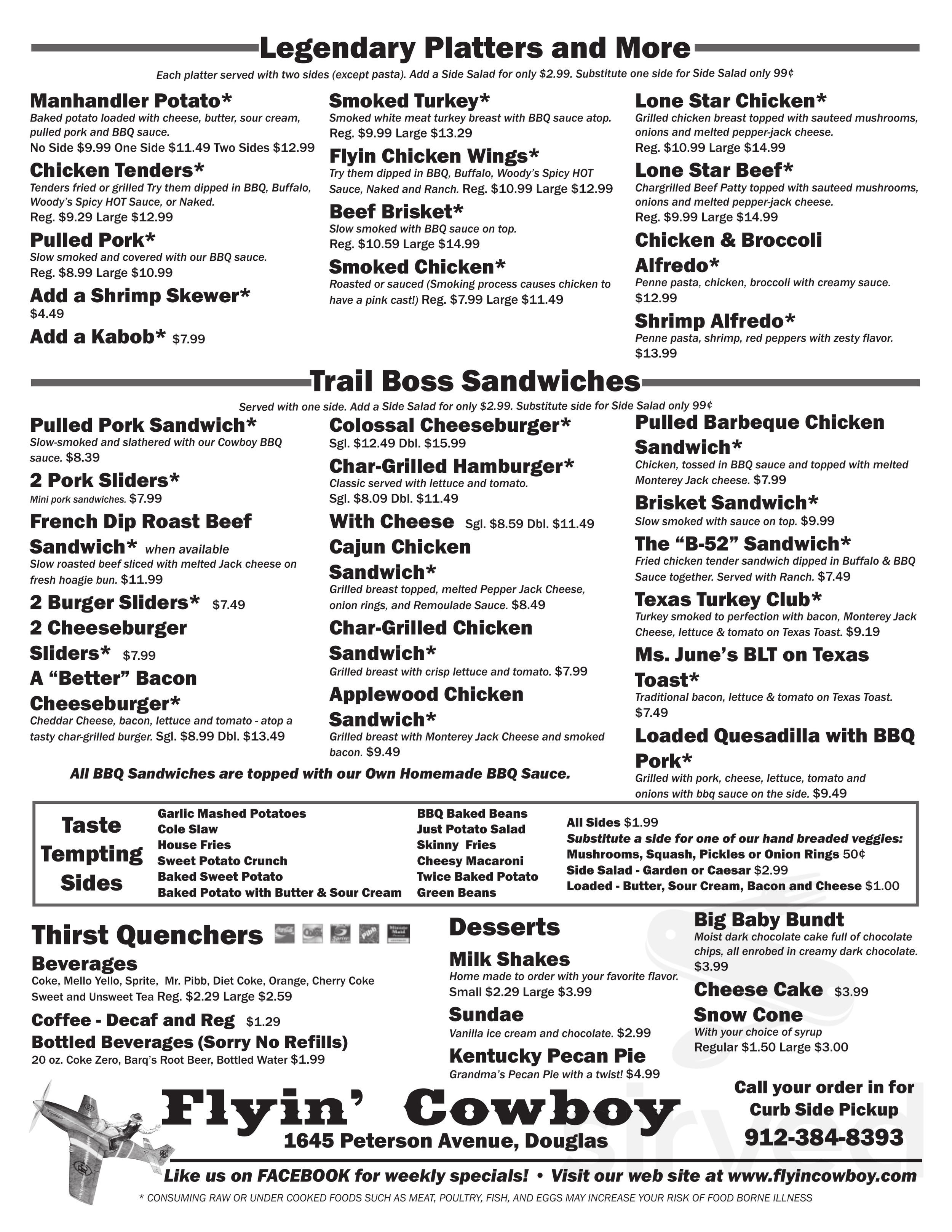 Flying Cowboy menu in Douglas, Georgia, USA