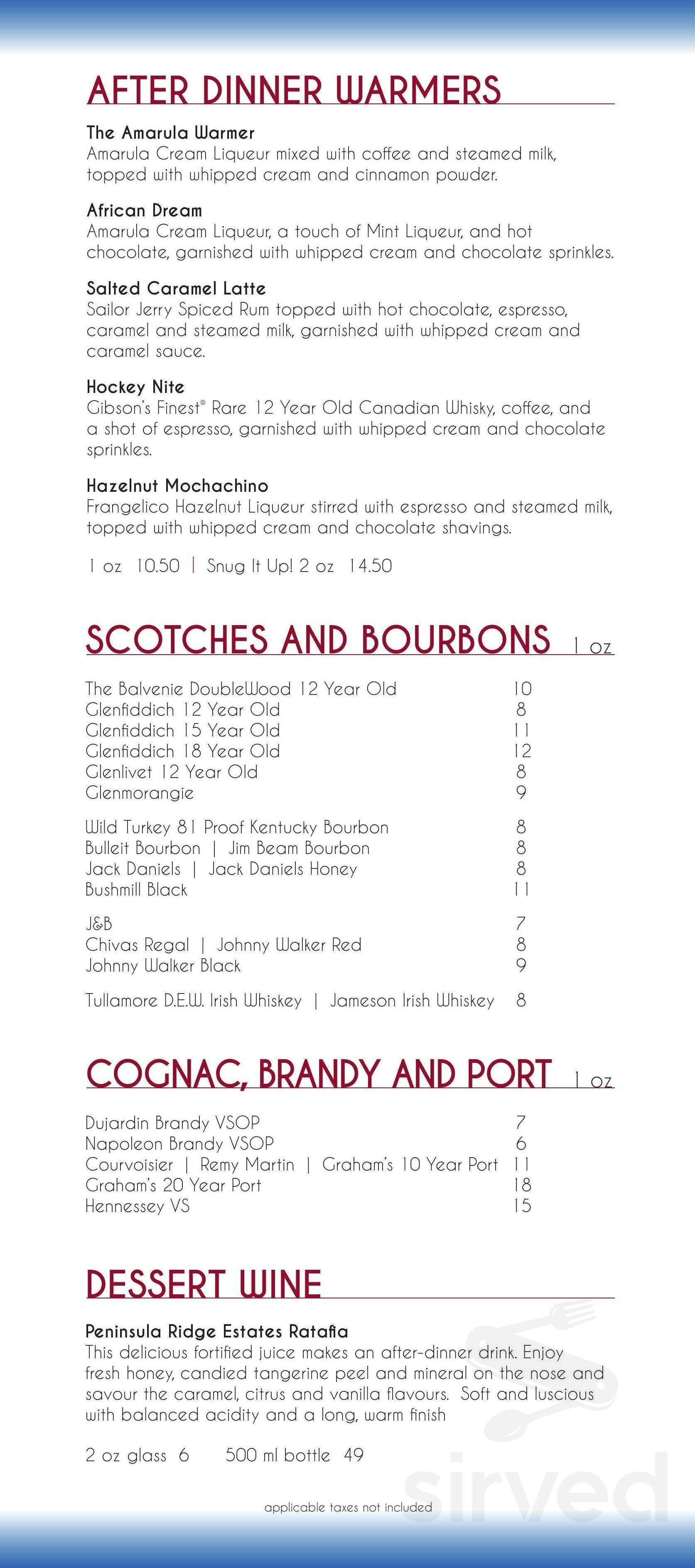 Snug Harbour Seafood Bar and Grill menu in Mississauga, Ontario, Canada