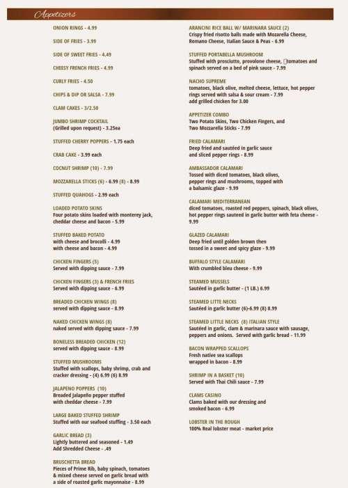 Governor Francis Inn Restaurant menu in Warwick, Rhode Island, USA