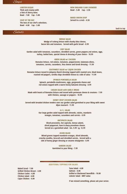 Governor Francis Inn Restaurant menu in Warwick, Rhode Island, USA