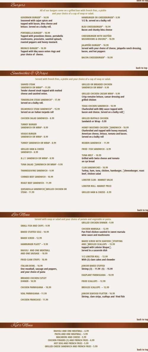 Governor Francis Inn Restaurant menu in Warwick, Rhode Island, USA