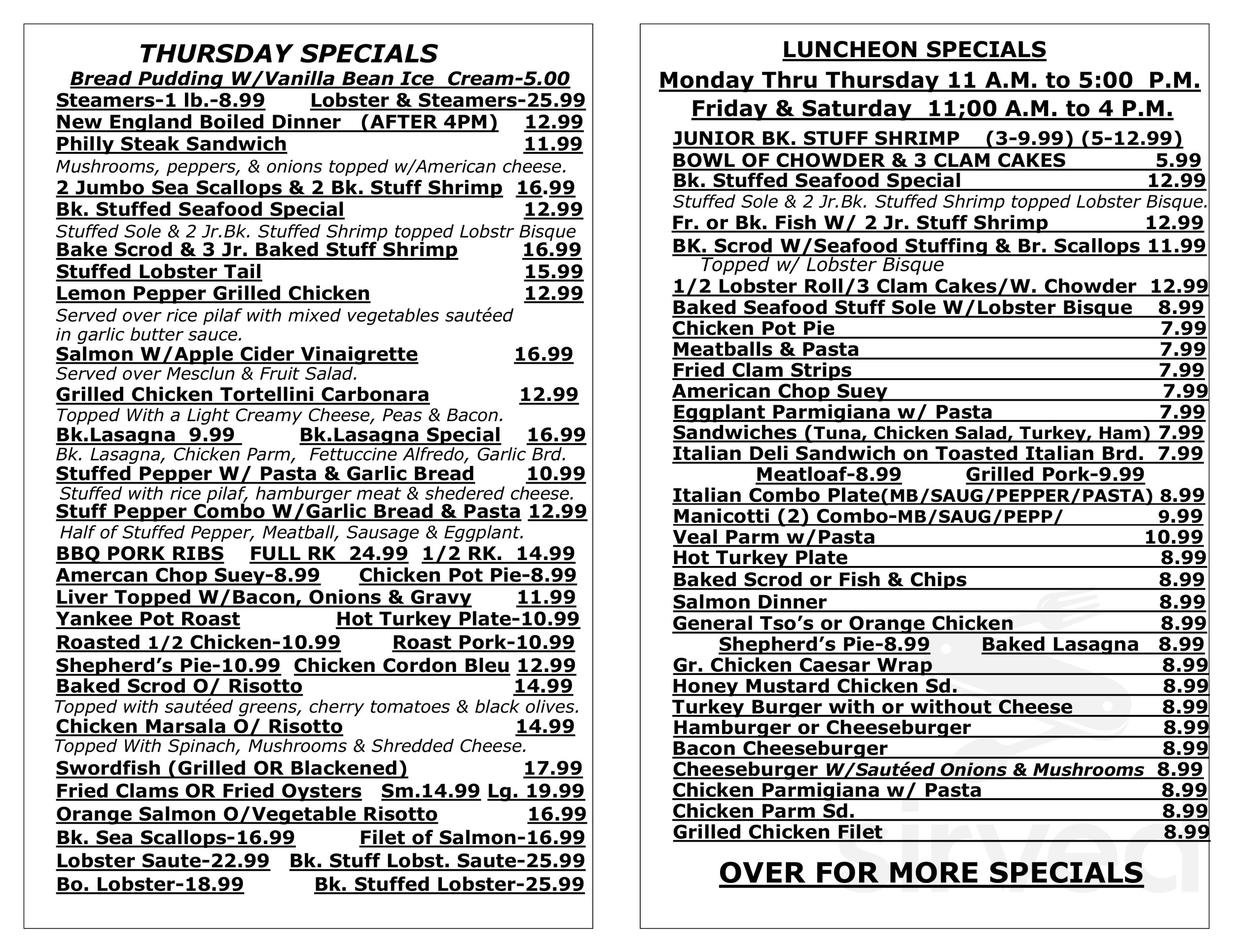 Governor Francis Inn Restaurant menu in Warwick, Rhode Island, USA