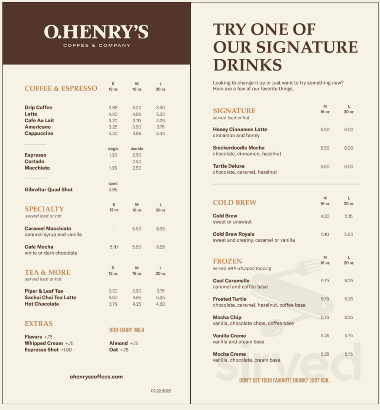 Menu - Hoover AL's OHenry's Coffees | Sirved