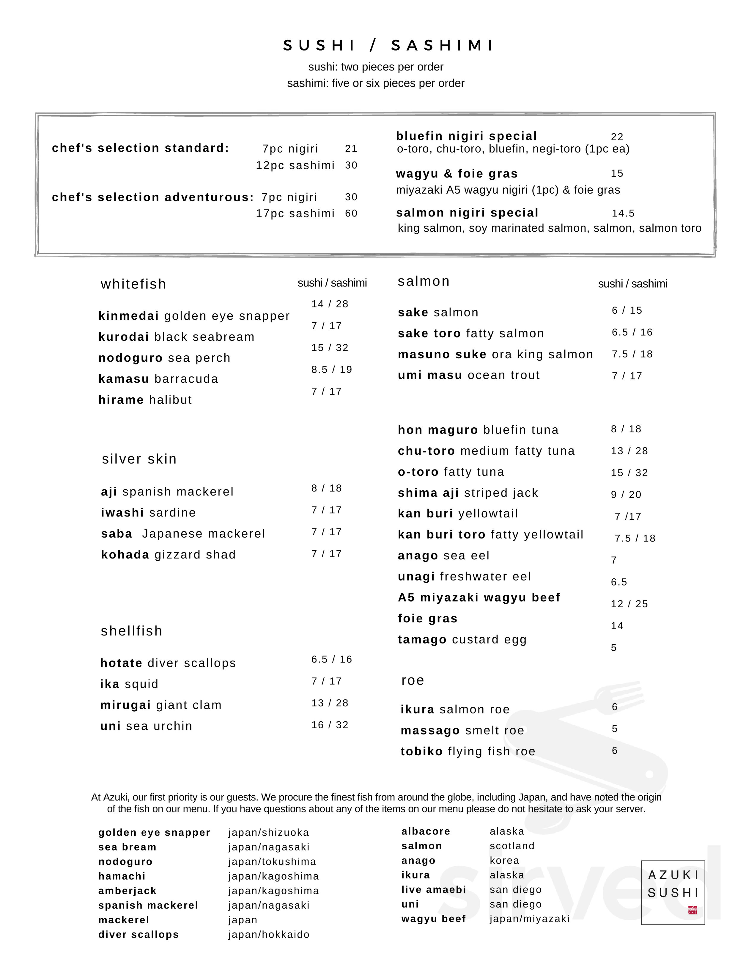Menu - San Diego CA's Azuki Sushi Lounge | Sirved