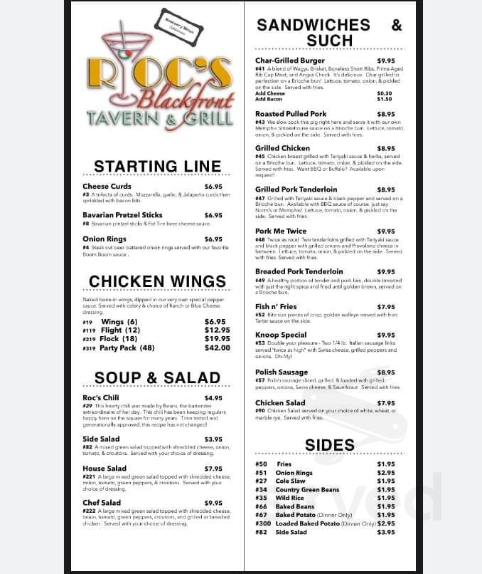 Roc's Blackfront Tavern & Grill menu in Charleston, Illinois, USA