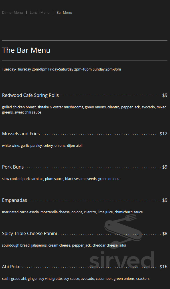 Redwood Café menu in Modesto, California, USA