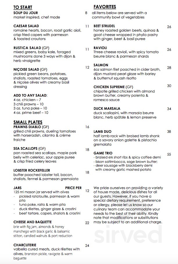 Rustica Steakhouse menu in Canmore, Alberta, Canada