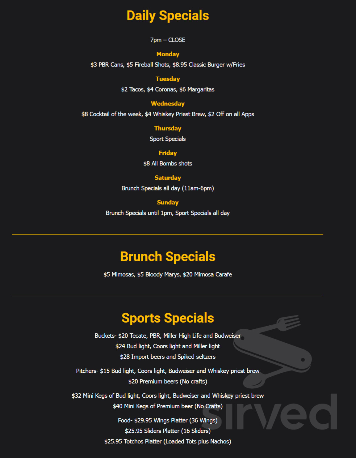 Menu for The Whiskey Priest in Belleville, NJ | Sirved