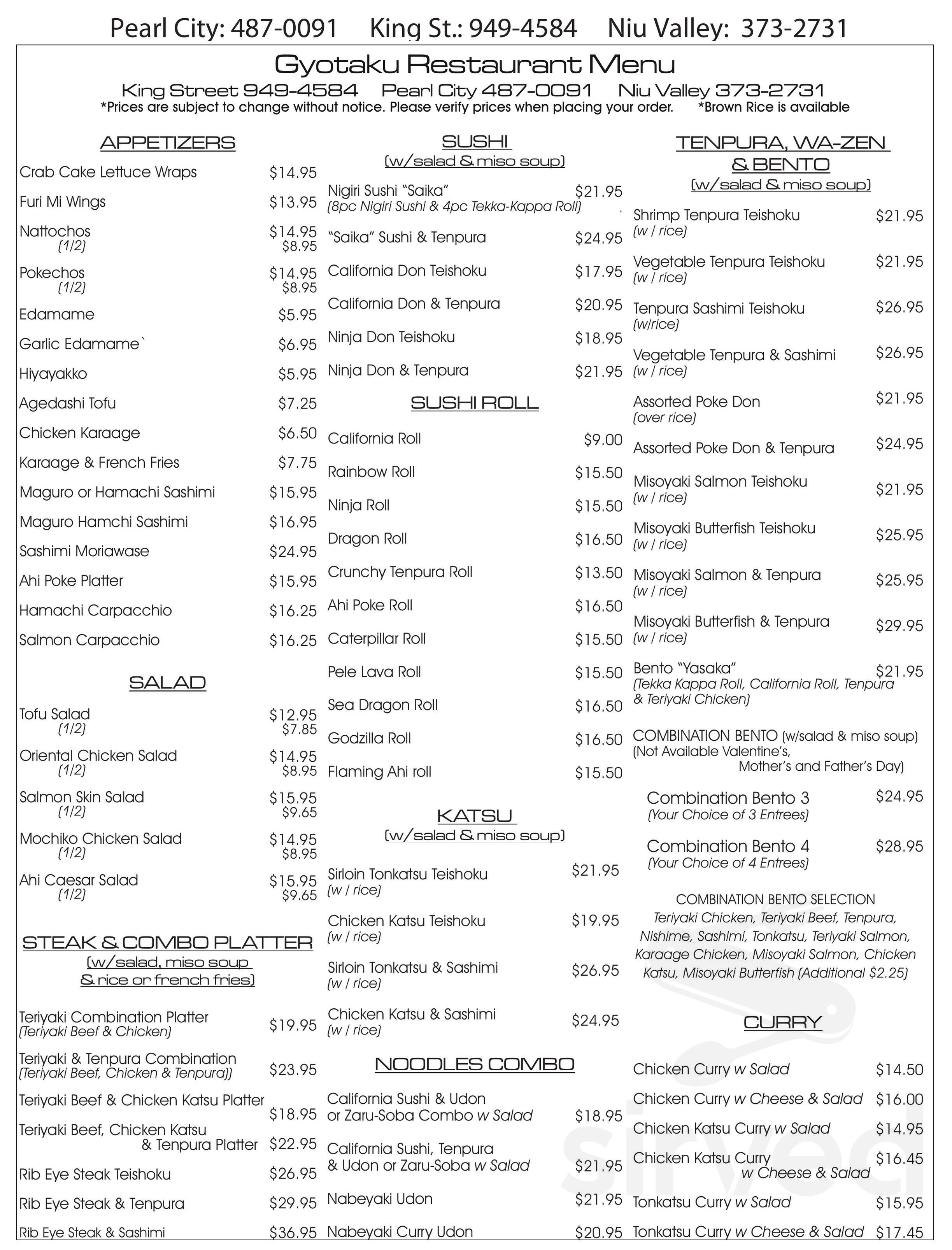 Gyotaku Japanese Restaurant - King Street menu in Honolulu, Hawaii, USA