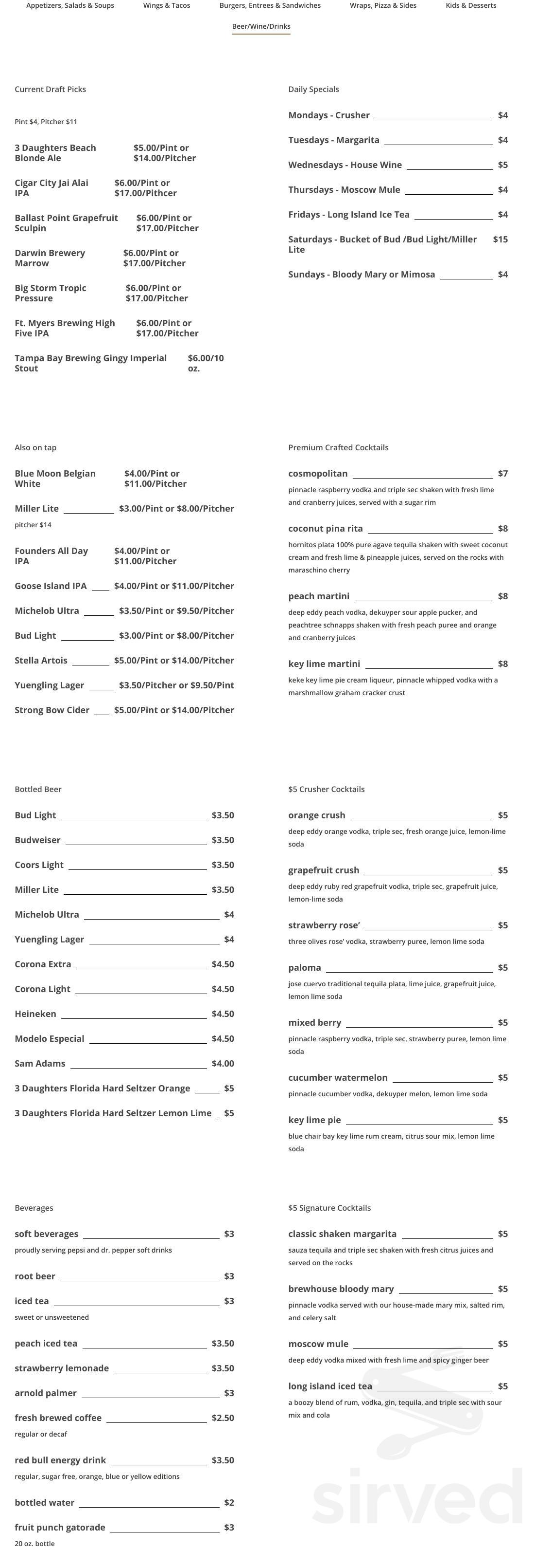 Village Brewhouse menu in Punta Gorda, Florida, USA