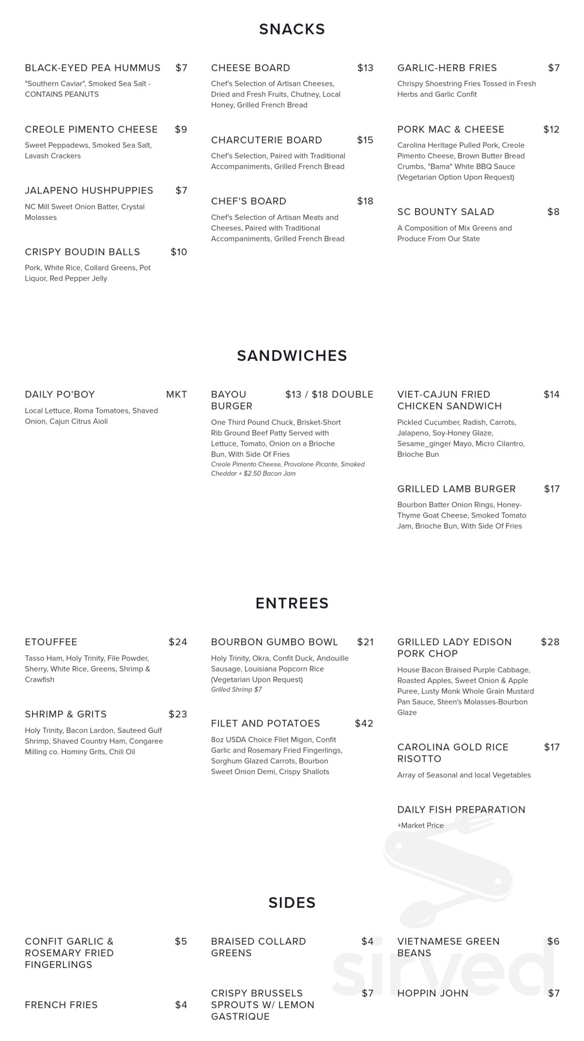 Bourbon menu in Columbia, South Carolina, USA