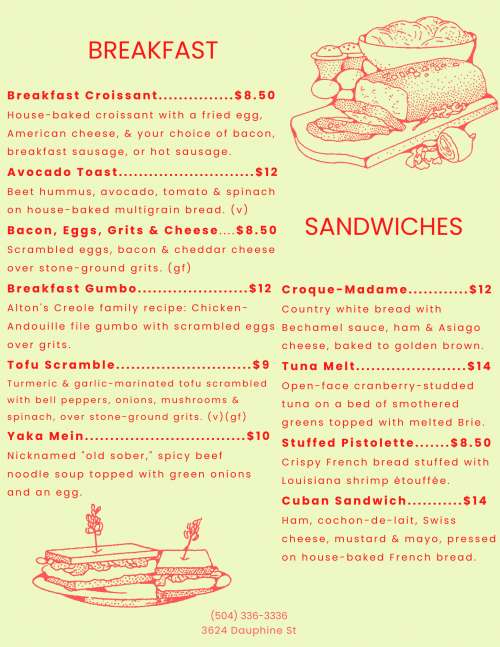 Bywater Bakery menu in New Orleans, Louisiana, USA