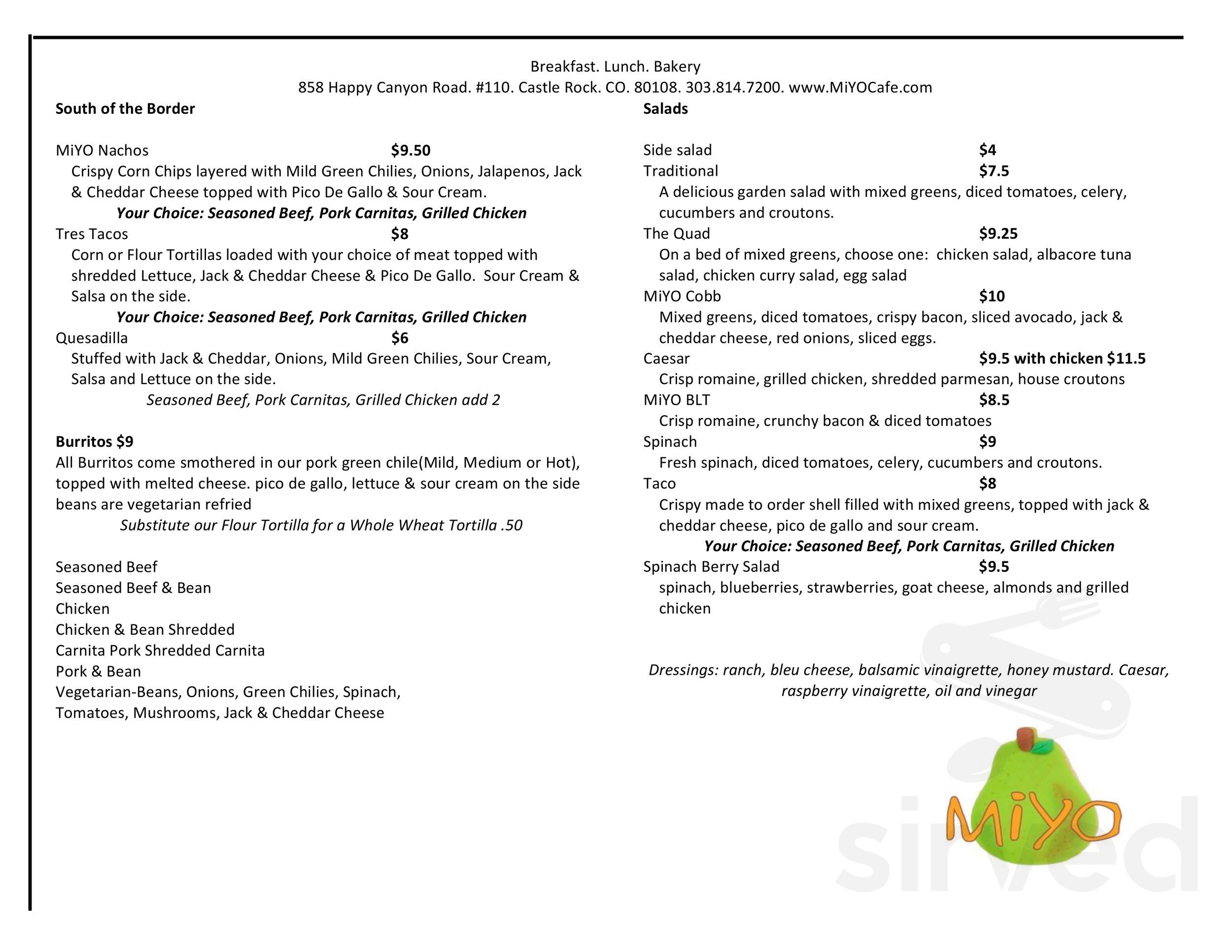 Miyo Cafe menu in Castle Rock, Colorado, USA