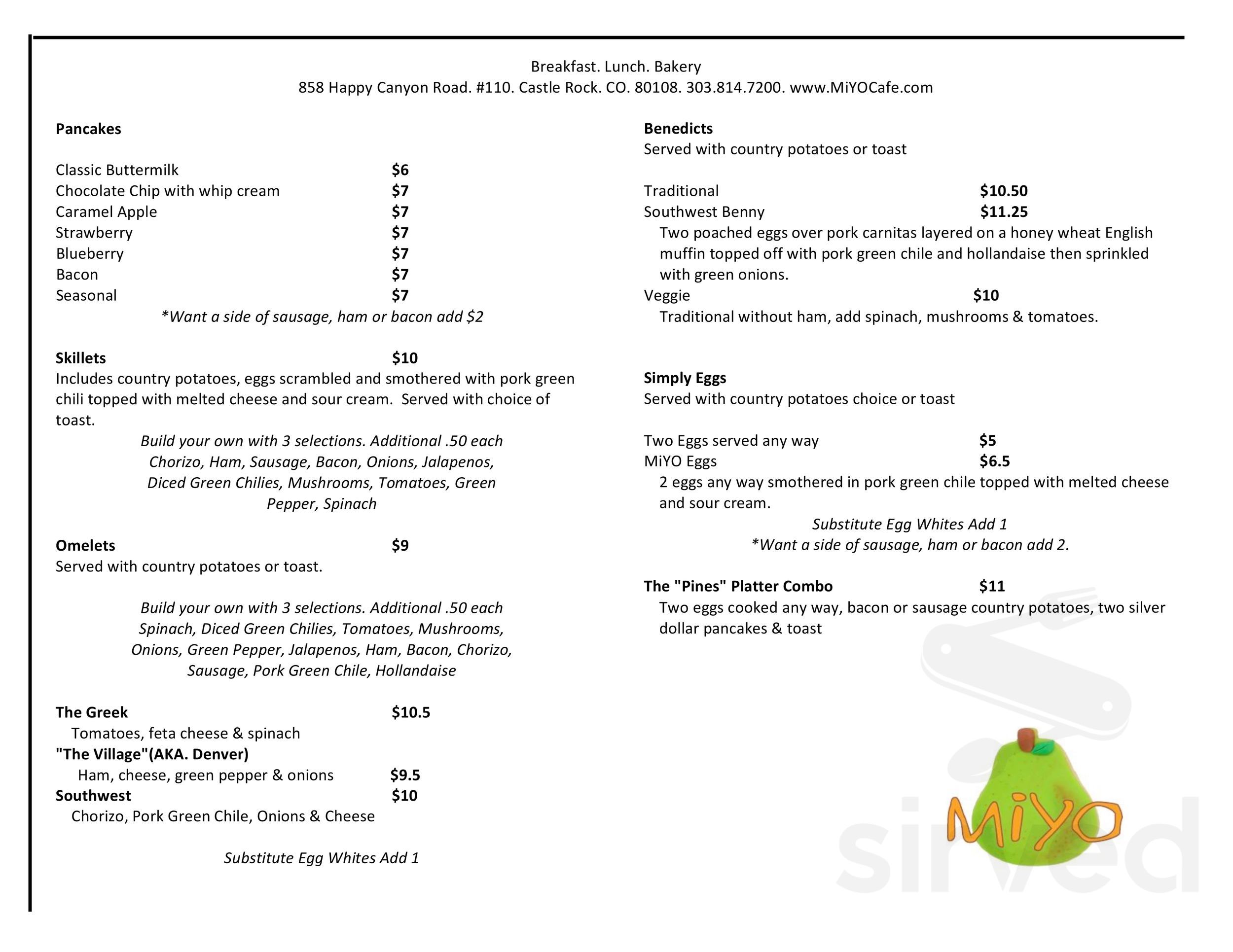 Miyo Cafe menu in Castle Rock, Colorado, USA