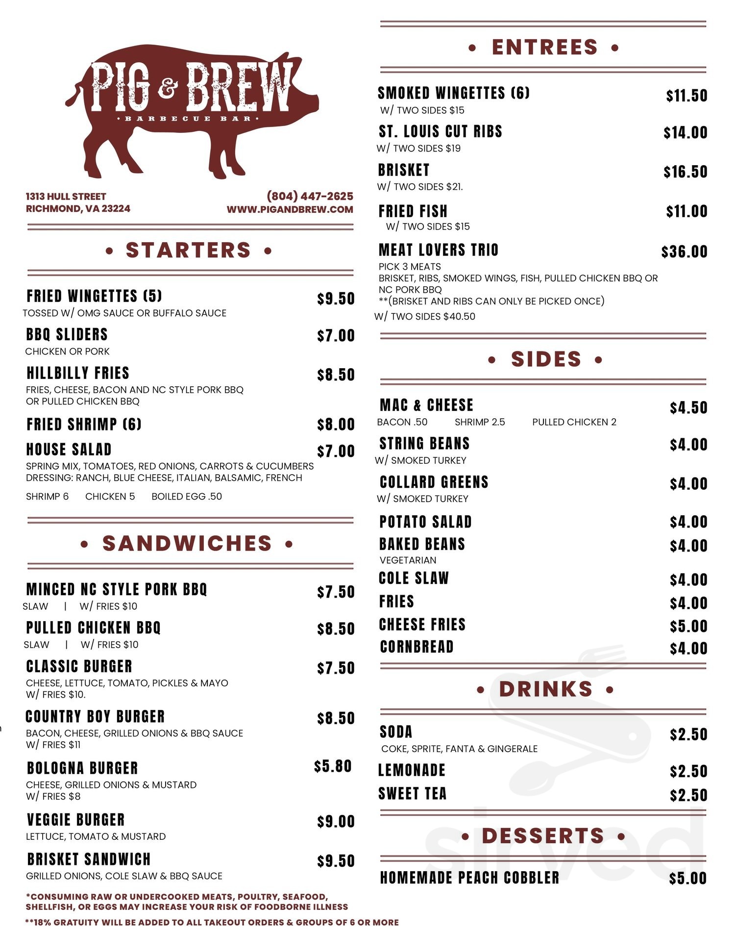 Pig and Brew menu in Richmond, Virginia, USA