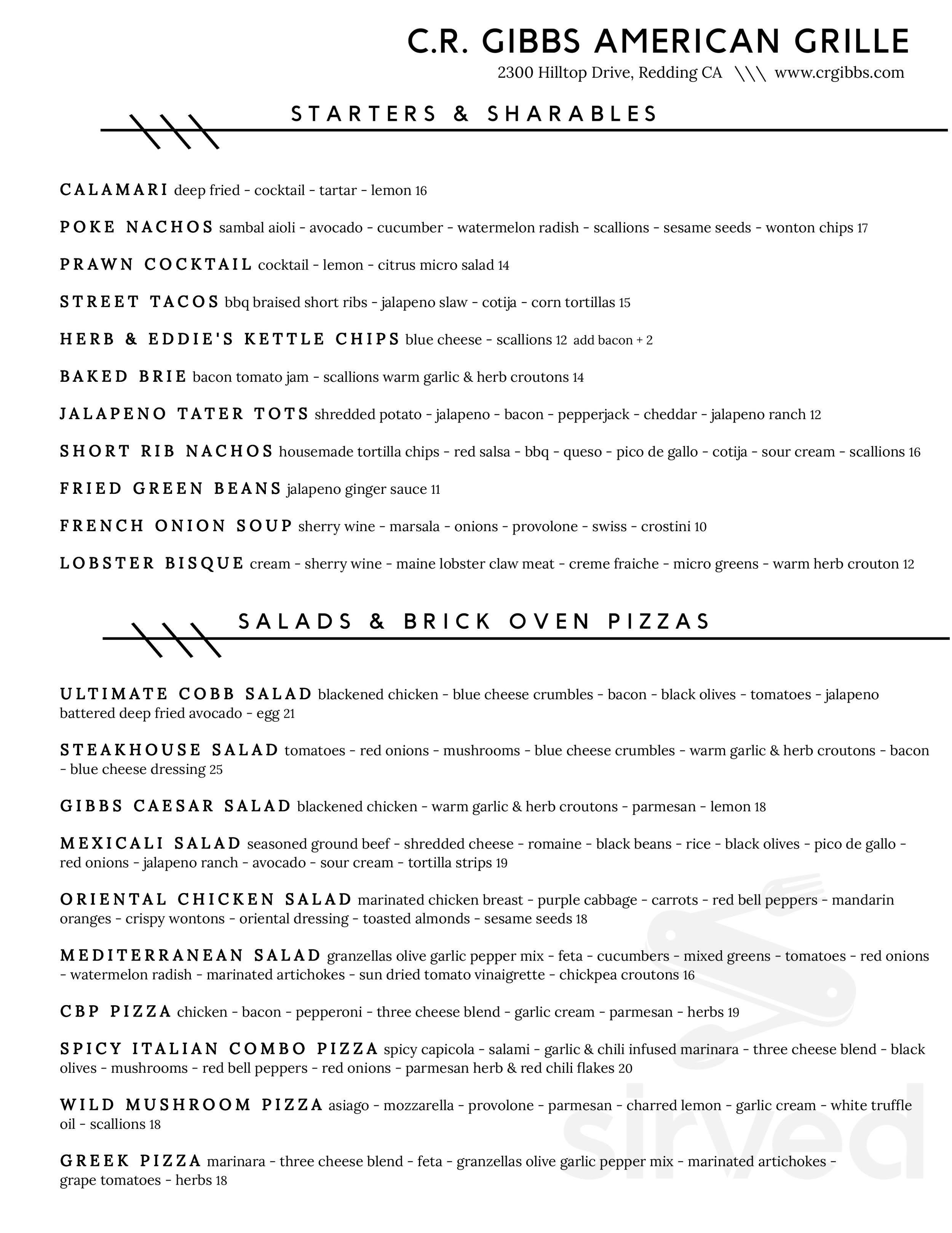 Menu for C.R. Gibbs American Grille in Redding, CA | Sirved