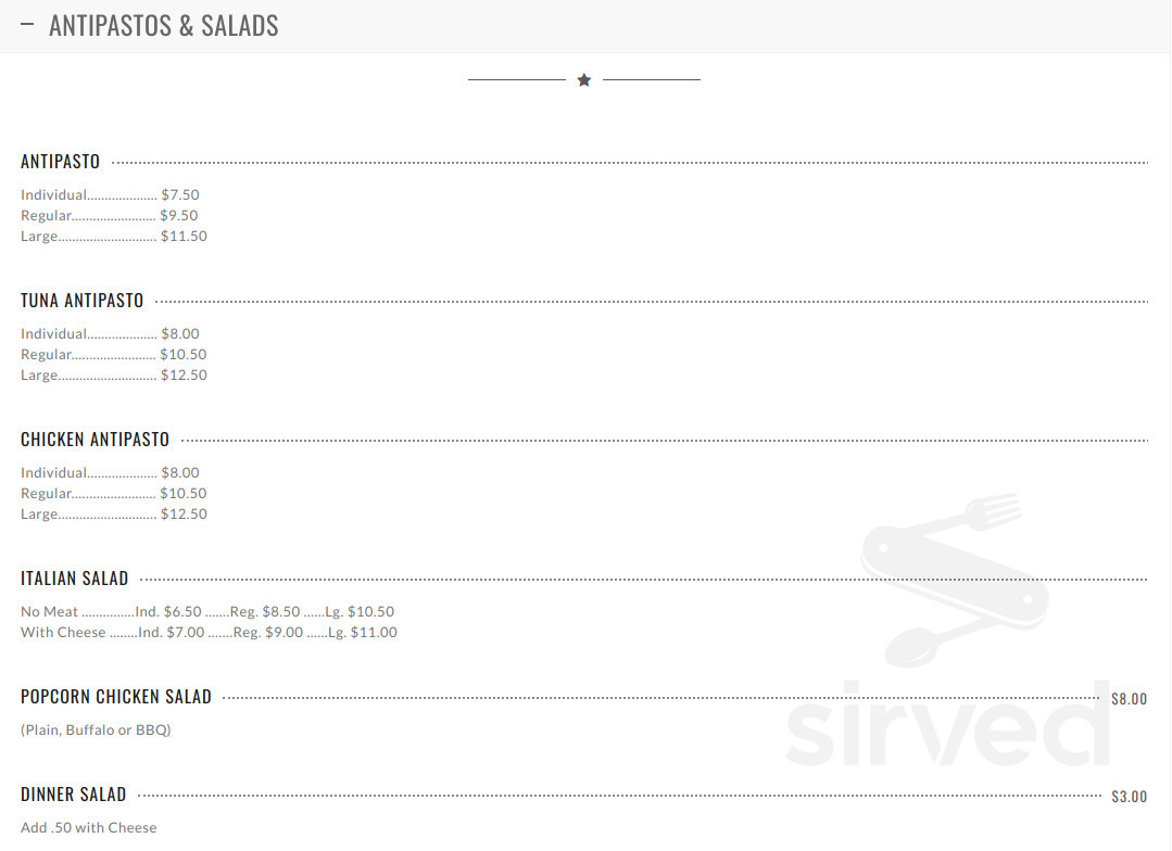 Pa Raffa's Italian Restaurant menu in New Bedford, Massachusetts, USA