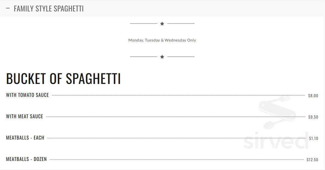 Pa Raffa's Italian Restaurant menu in New Bedford, Massachusetts, USA