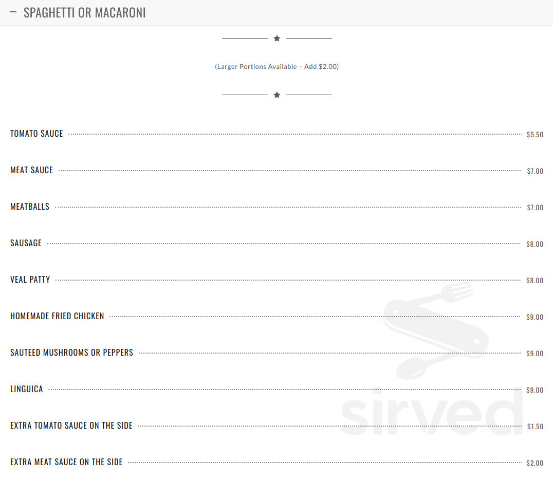 Pa Raffa's Italian Restaurant menus in New Bedford, Massachusetts ...