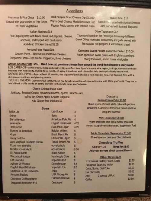Downtown Uncorked menu in Bryan, Texas, USA