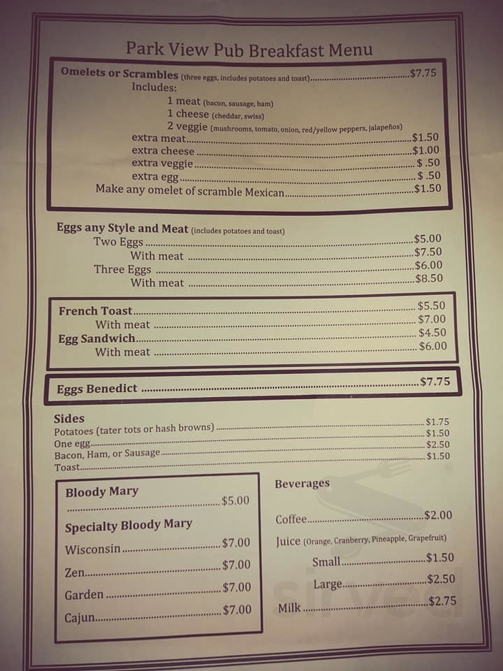 Parkview Pub menu in Milwaukee, Wisconsin, USA