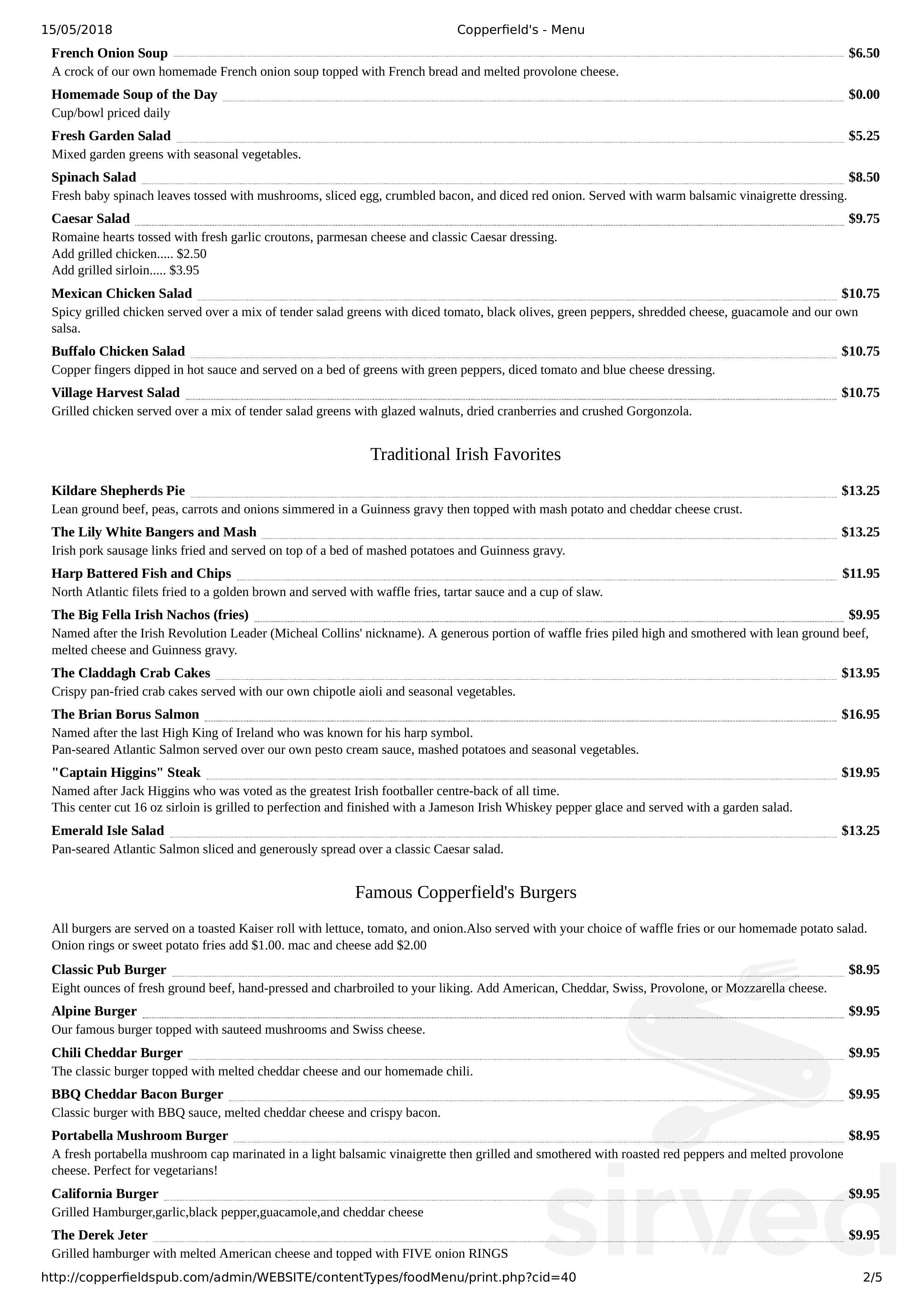 Copperfields Kildare Pub menu in Montgomery, New York, USA