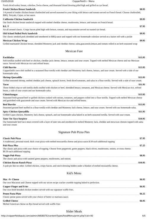 Copperfields Kildare Pub menu in Montgomery, New York, USA