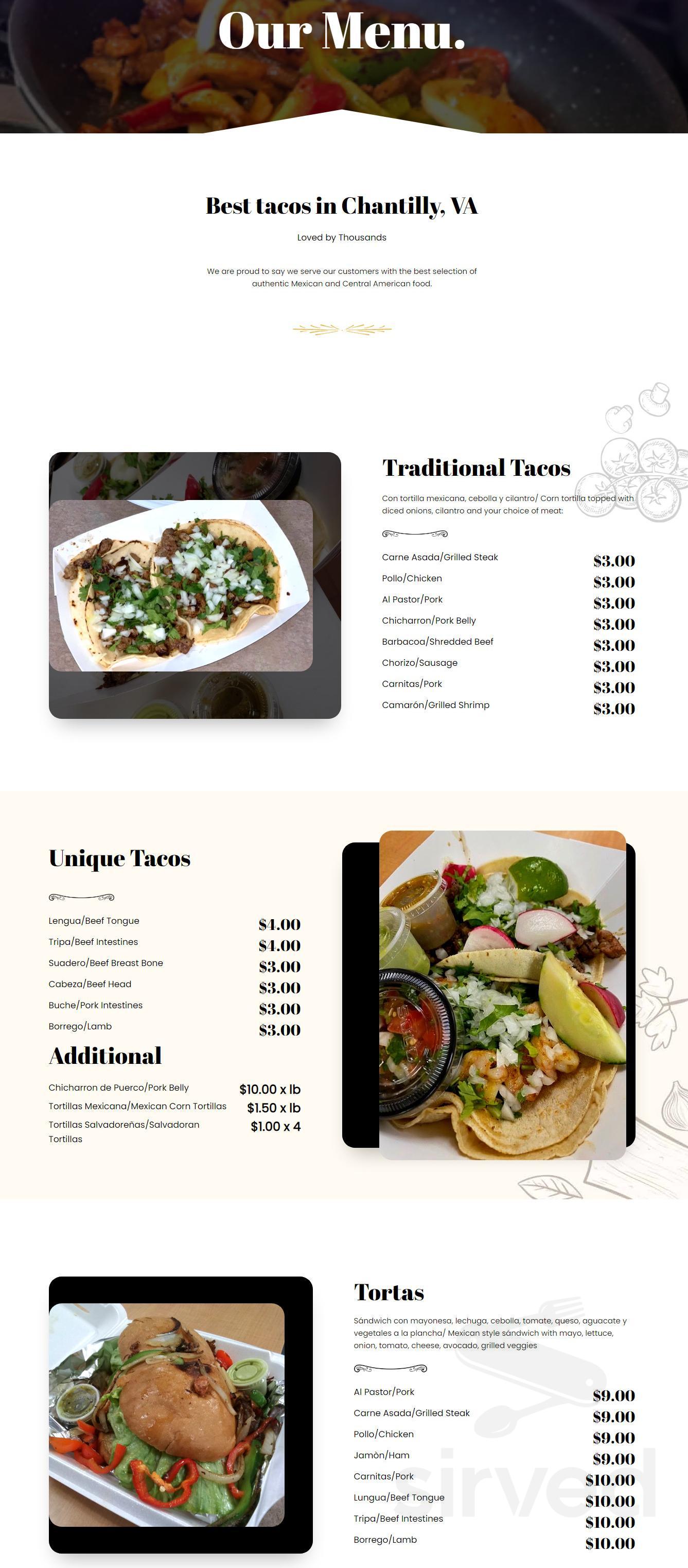 Taco Lagos menu in Chantilly, Virginia, USA